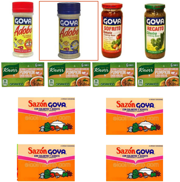Combo Goya , 2 Adobos, 1 Sofrito, 1 Recaito, 4 Cubitos and 4 Sazon, Sh – www.ElColmado.com